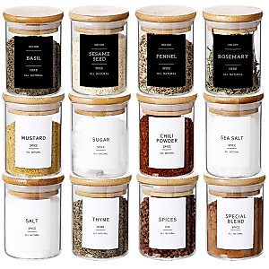 CZZGSM 12 Pcs Glass Spice Jars With 296 Spice Labels Preprinted of White and Black Color- 6oz Thicken(2.4mm) Spice Containers With Bamboo Airtight Lids - Empty Small Herb Seasoning Jars