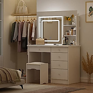 AIEGLE Large Vanity Desk Set with Sliding Lighted Mirror, Makeup Dressing Table with Hidden Shelves & Cushioned Stool, White - Sliding Lighted Mirror