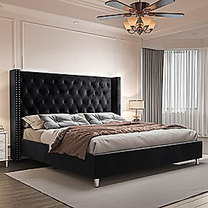 PaPaJet King Bed Frame Upholstered Bed Velvet Low Profile Platform Bed with Raised Wingback Headboard/No Box Spring Needed/Easy Assembly/Black