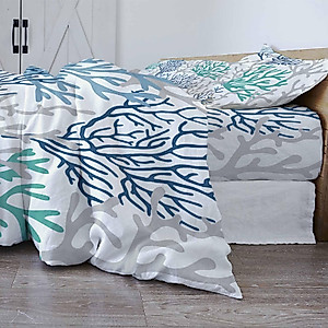 DecorLovee California King Duvet Cover Set - Blue Teal Grey Coral Coastal 4 Pcs Comforter Cover Bedding Sets, Summer Beach Nautical Ocean Microfiber Bed Sheet Soft Quilt Cover with 2 Pillow Shams