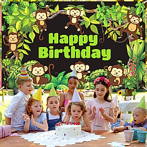 Monkey Jungle Safari Birthday Banner Decorations Cute Monkeys Theme Birthday Backdrop for Boy Girl Kid Forest Green Leaves Photography Background for Birthday Baby Shower Wild Party Supplies 71x44Inch