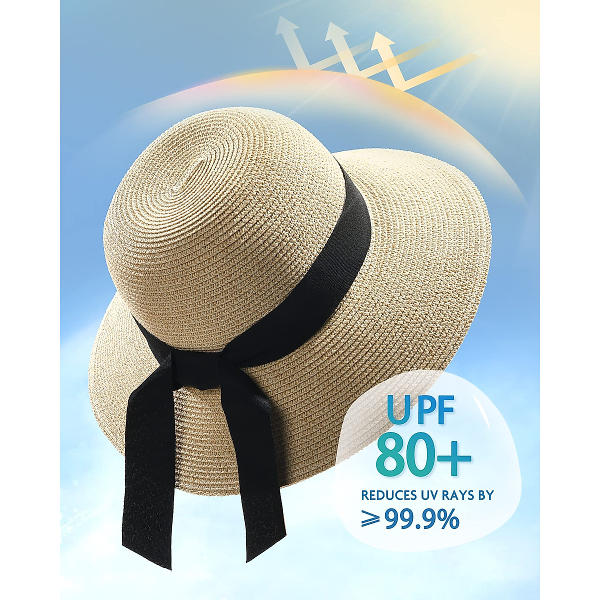 FURTALK Womens Beach Sun Straw Hat UV UPF50 Travel Foldable Brim Summer UV Hat Mixed Beige