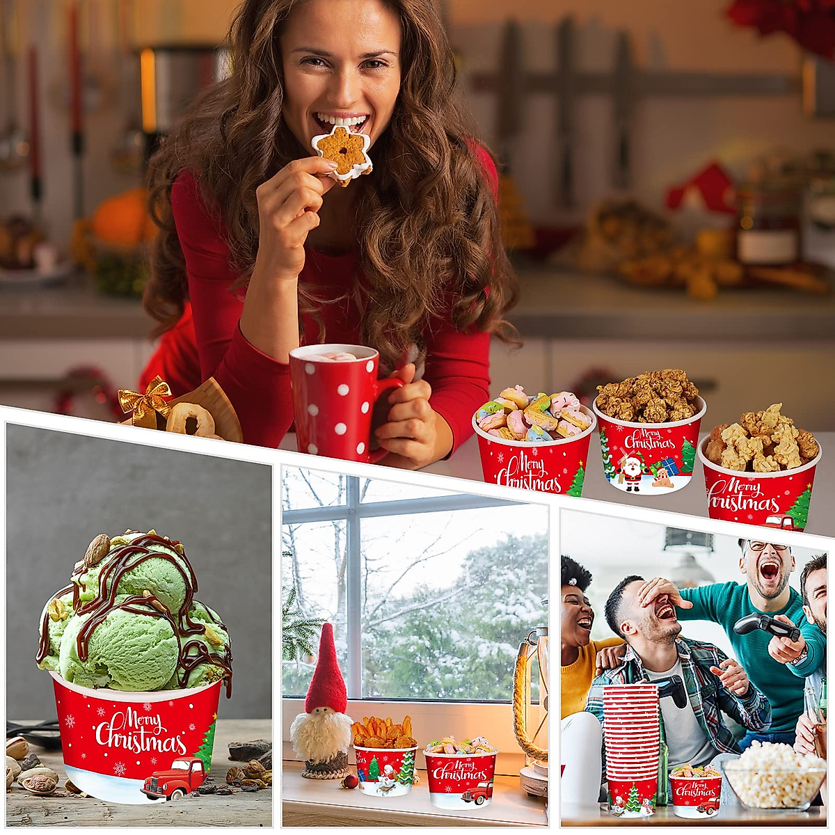 gisgfim 50pcs Christmas Paper Snack Cups, Christmas Ice Cream Cups Disposable 9 Oz Paper Treat Cups Dessert Bowls Holiday Xmas Themed Soup Cups For Hot or Cold Food Christmas Party Supplies