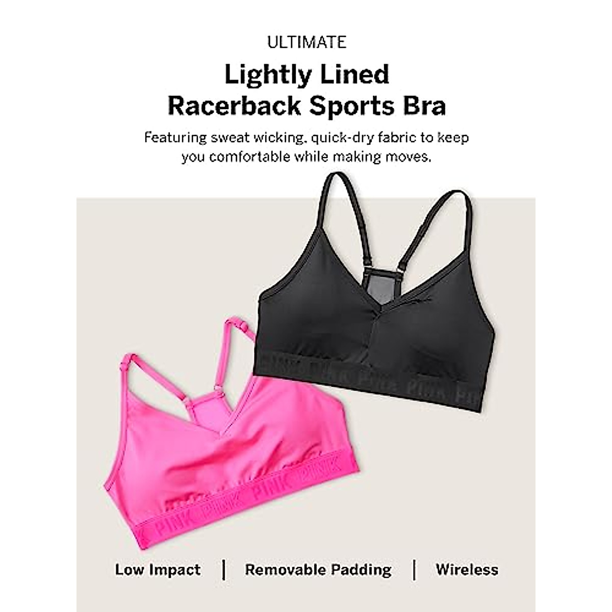 Victoria's Secret Pink Ultimate Racerback Sports Bra, Low Impact Bras for Women, Athletic, Pink (XL)