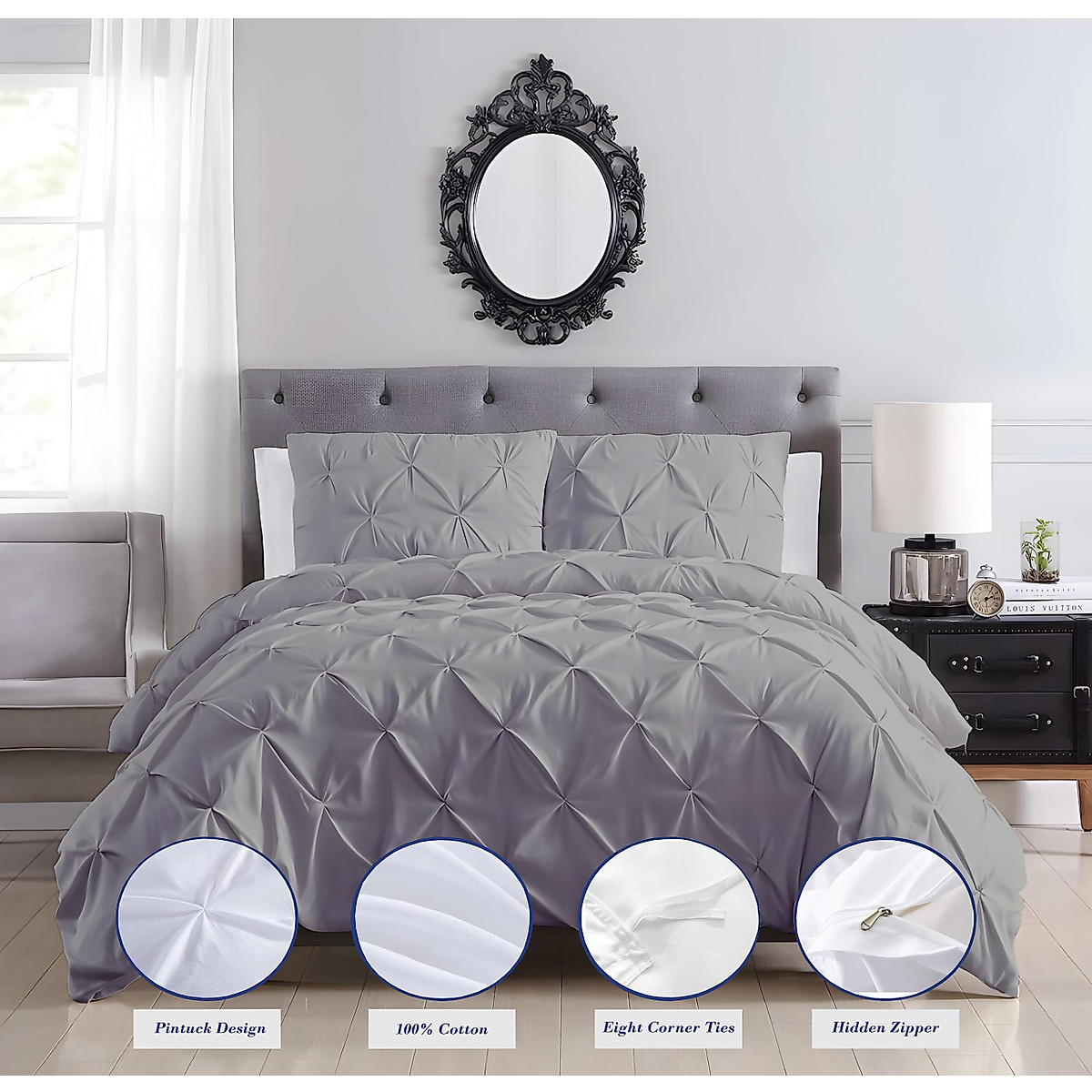 Saferay Green Pinch Pleated 3-Pieces Duvet Cover Set Eastern King Size 116x108 | 100% Organic Cotton Ultra Silky Soft with Zipper Closer & Corner Ties Durable and Fade Resistant, Pintuck (Silver)