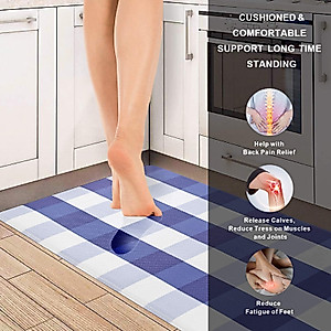 Carvapet Buffalo Plaid Kitchen Mat 2 PCS Cushioned Anti-Fatigue Kitchen Rug Waterproof Non-Slip PVC Ergonomic Comfort Standing Foam Mats for Office Laundry, Blue&White, 17.3''x27.5''+17.3''x47.2''