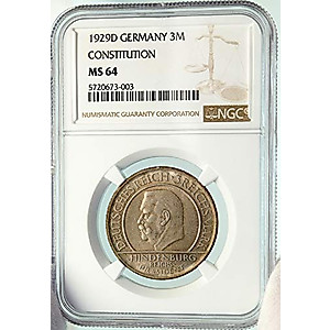 1 DE 1929D GERMANY Weimar Constitution President Hinde 3 Mark MS 64 NGC