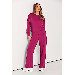PRETTYGARDEN Women Two Piece Sweatsuits 2024 Long Sleeve Pullover Tops Wide Leg Pants Sets Matching Sweat Outfits (Rose Red,Large)