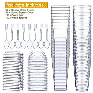 Nuogo 3 Oz Mini Dessert Cups with Lids and Spoons Clear Plastic Cups Square Parfait Cups with Lids Round Disposable Plastic Dessert Cups Dessert Containers for Party Appetizer Fruit Pudding (100)