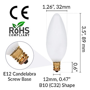Simba Lighting Candelabra Torpedo Frosted B10 40W E12 Base (12 Pack) Decorative Incandescent Light Bulbs 120V for Chandeliers, Ceiling Fan Lights, Pendants, Wall Sconces, Dimmable, Warm White 2700K