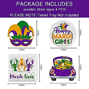 4 PCS Mardi Gras Tiered Tray Decor (Tray Not Included) - Mardi Gras Wooden Sign Decorations Crown Mask Truck Wood Table Signs New Orleans Carnival Holiday Masquerade Party Decor for Home Kitchen
