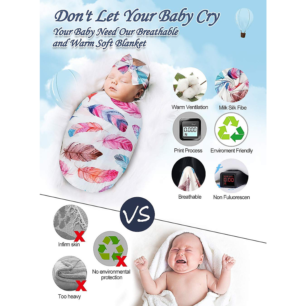 Newborn Receiving Blanket Headband Set - Unisex Soft Baby Swaddle Girl Boy Gifts