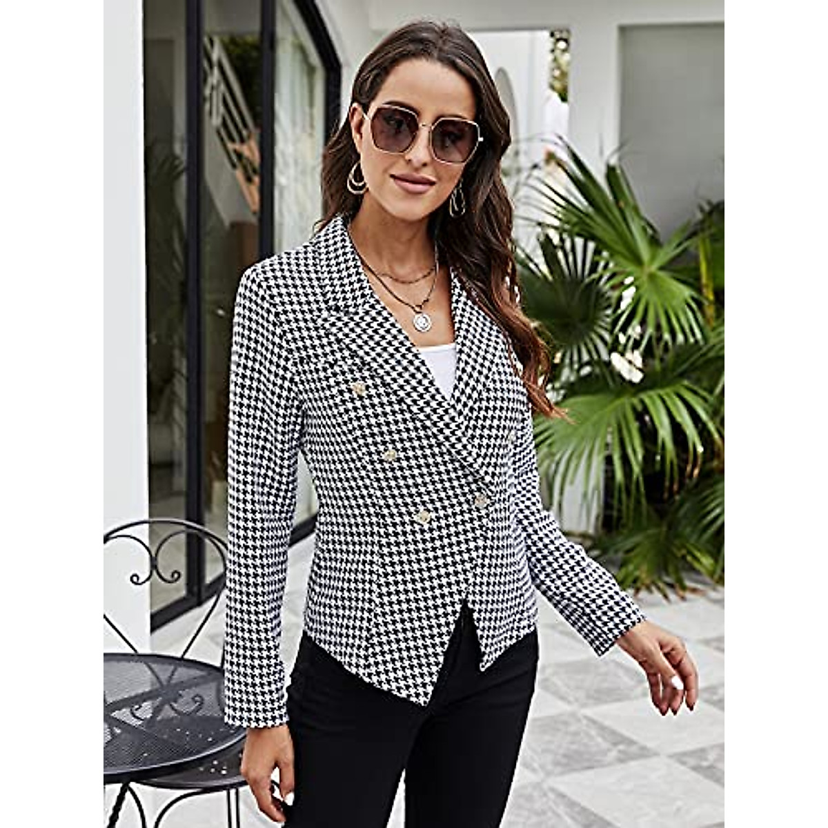 SheIn Women's Houndstooth Long Sleeve Lapel Collar Double Breasted Blazer Jacket Black and White Large