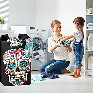 visesunny Sugar Skull Floral Large Laundry Hamper with Handle Foldable Durable Clothes Hamper Laundry Bag Toy Bin for Bathroom, Bedroom, Dorm, Travel