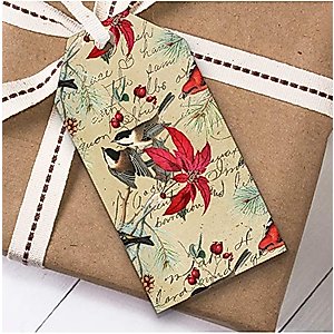 Vintage Blue Birds Red Flowers Christmas Gift Tags (Present Favor Labels)