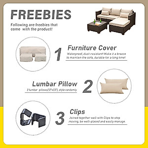 Oasishine Wicker Patio Furniture Patio Couch 3 Pieces Patio Furniture Set Outdoor Sectional with Ottoman and Outdoor Storage Table with Lining Weathering Non-Slip Cushions Waterproof Covers, Khaki