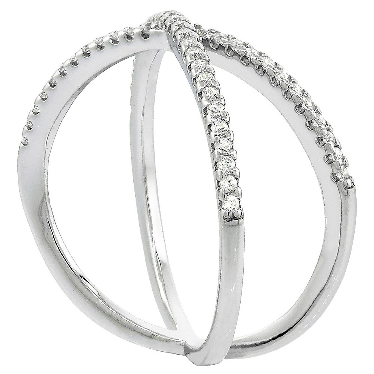 Sterling Silver Cubic Zirconia Criss Cross Ring Micro pave 3/8 inch wide, size 8