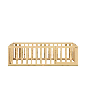 Bellemave Twin Floor Bed for Kids, Montessori Bed Frame with Fence-Shaped Guardrails and Door, Wooden Floor Twin Bed for Kids, Toddler, Boys Girls(Natural, Twin Size)
