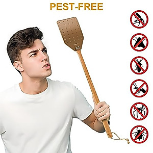 Dirza Leather Fly Swatter for Indoors/Outdoors, Heavy Duty Flyswatter with Walnut Wood Handle 19.7" Long Fly swatted Manual for Bug, Flies, Bees, Mosquitoes