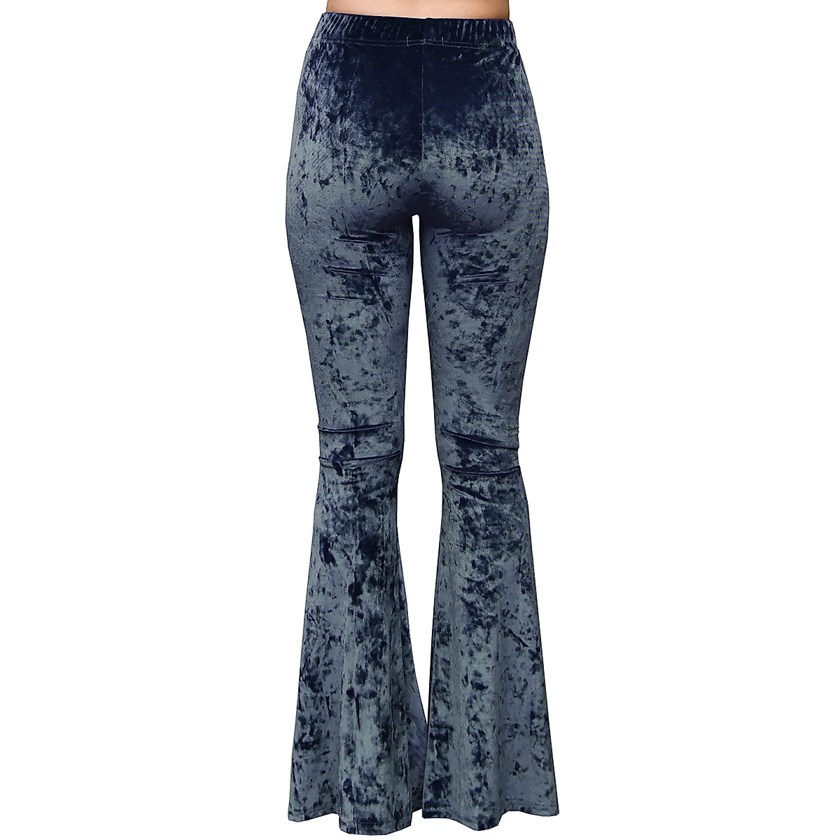 Daisy Del Sol Crushed Velvet High Waisted Comfy Soft Stretch 70s Yoga Loungewear Bell Bottom Flare Pants (Large, Indigo)