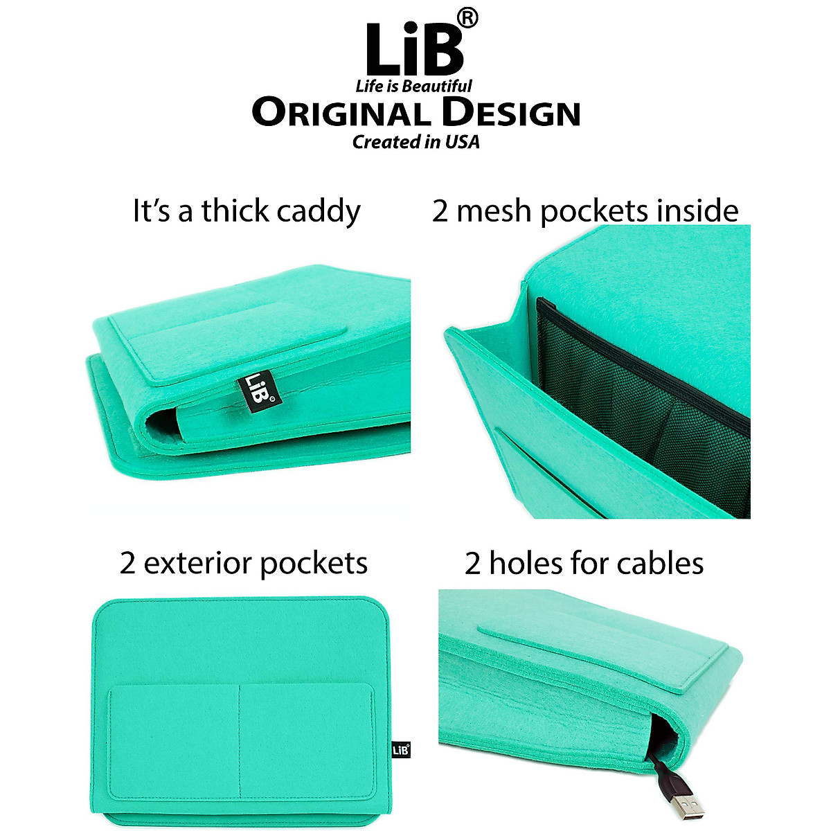 Lib Bedside Caddy, Original Design | Large Size 9.5" x 13.5" | Laptop Holder | 100% Handmade | College Room, Kids Bunk Bed, Hospital Bed | Night Hanging Storage Organizer (Cyan)