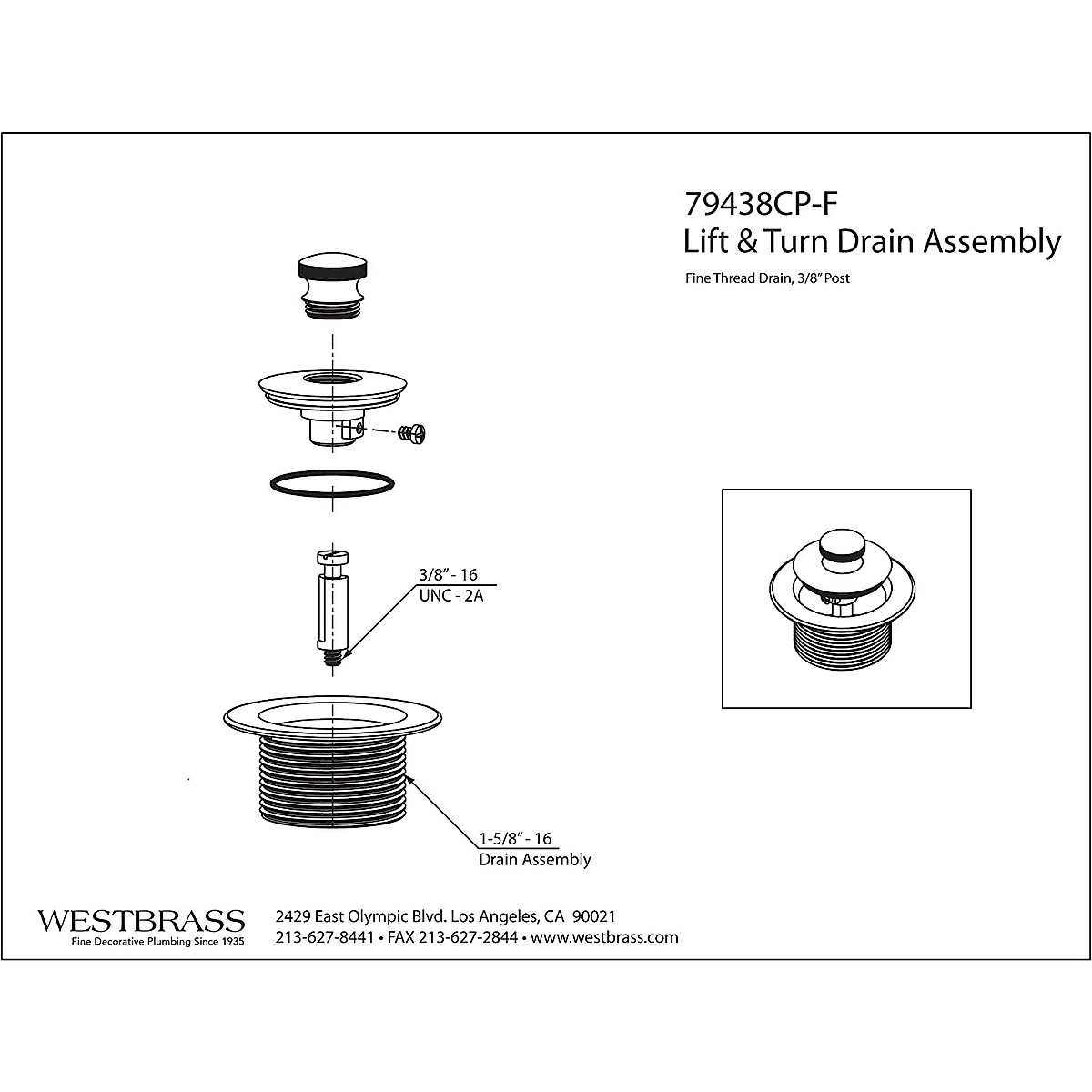 Westbrass 79438CP-F-20 1-1/4" NPSM (1-5/8"-16 UNC-2A) Fine Thread Twist & Close Bathtub Drain Plug, Polished Chrome (20-Pack)