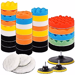 Benavvy 39pcs Drill Polishing Pad Kit, 2 in 1 Car Foam Drill, 7pcs 5" & 31pcs 3" Buffing Pads Compound Automotive Polisher for Drill