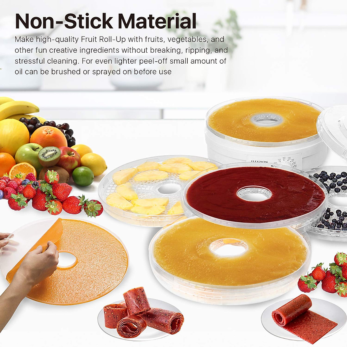 Flexzion Nonstick Fruit Leather Trays for Dehydrator, Fruit Roll Up for Food Dehydrator Machine (11 7/8 Inch) 2 Pack, Reusable Dehydrator Sheets for Dry Fruit Snacks Roll