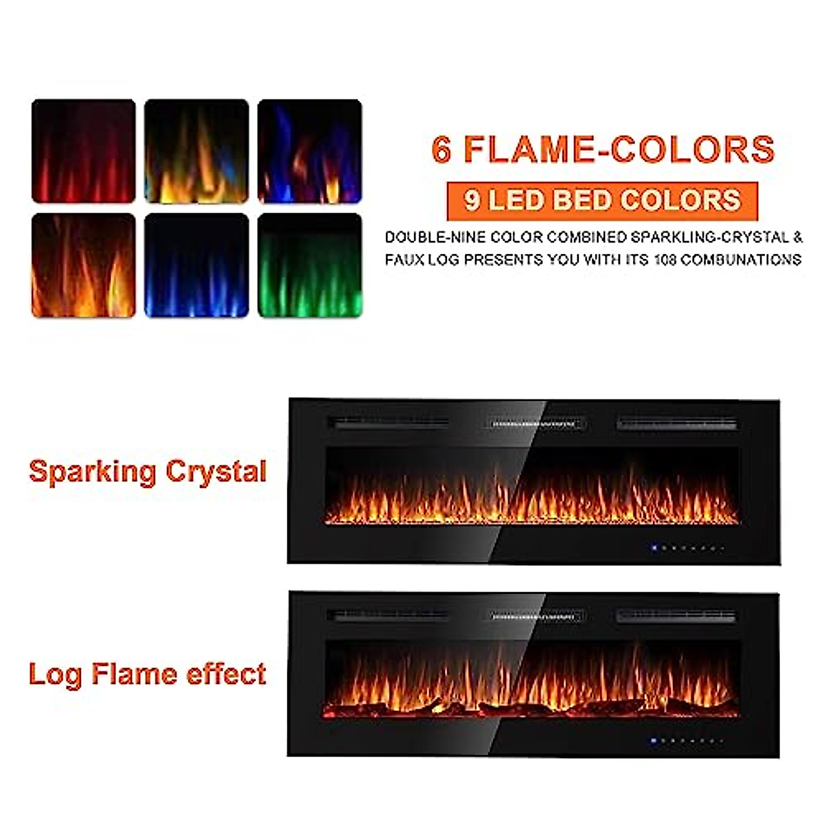 MEPTY 60" Electric Fireplace, Recessed and Wall Mounted Fireplace Insert, Fireplace Heater and Linear Fireplace with Remote Control, Timer, Adjustable Flame Color & Speed, Log Set & Crystal, Black