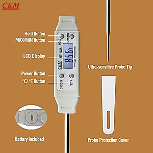 CEM Instant Read Digital Meat Thermometer for Food, Bread Baking, Water and Liquid. Waterproof and Long Probe with Meat Temp Guide for Cooking, Display with Backlit (White), DT-133A