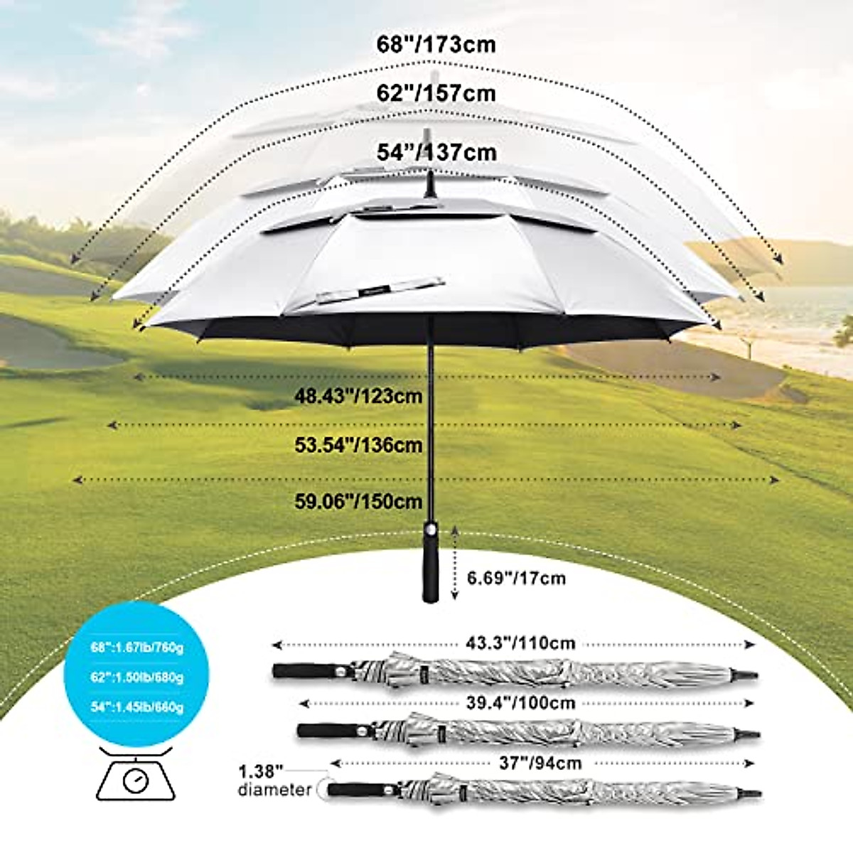 Gonex 68 Inch Silver Extra Large Golf Umbrella, Automatic Open Travel Rain Umbrella with Windproof Water Resistant Double Canopy, Oversize Vented Umbrellas for 2-3 Men and UV protection, Black