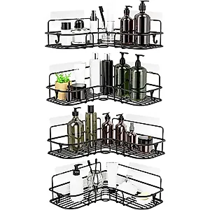 SlimmKISS Corner Shower Caddy Shelf Organizer, Adhesive Bathroom Basket with Movable Hooks, Shower Shelf Wall Mounted Organizer for Bathroom, Toilet, Kitchen and Dorm,4-Pack