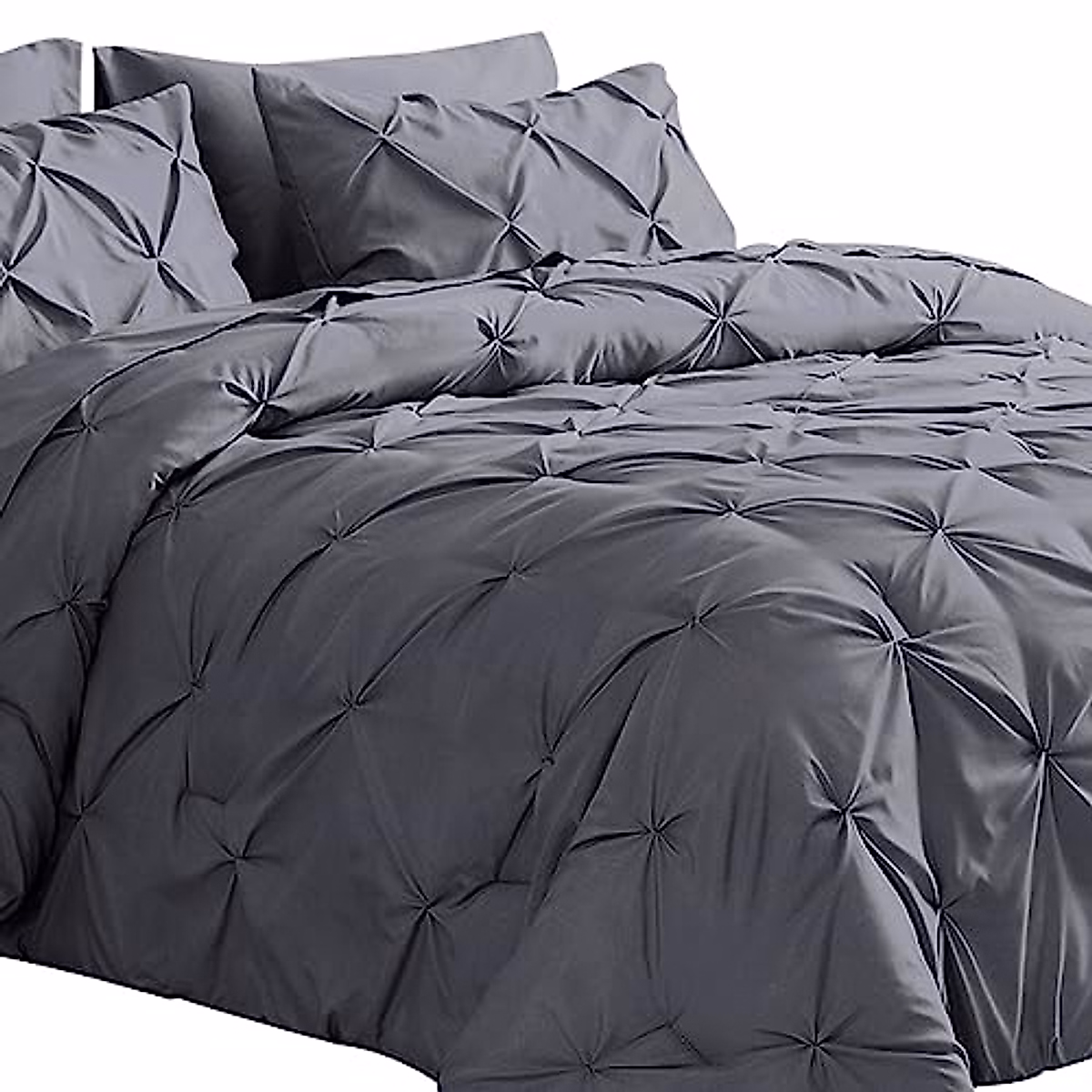 JOLLYVOGUE Bed in a Bag 7-Pieces, Dark Grey Queen/Full Comforter Set for All Season, Pintuck Bedding Sets with 1 Comforter, 1 Flat Sheet, 1 Fitted Sheet, 2 Pillowcases & 2 PillowShams