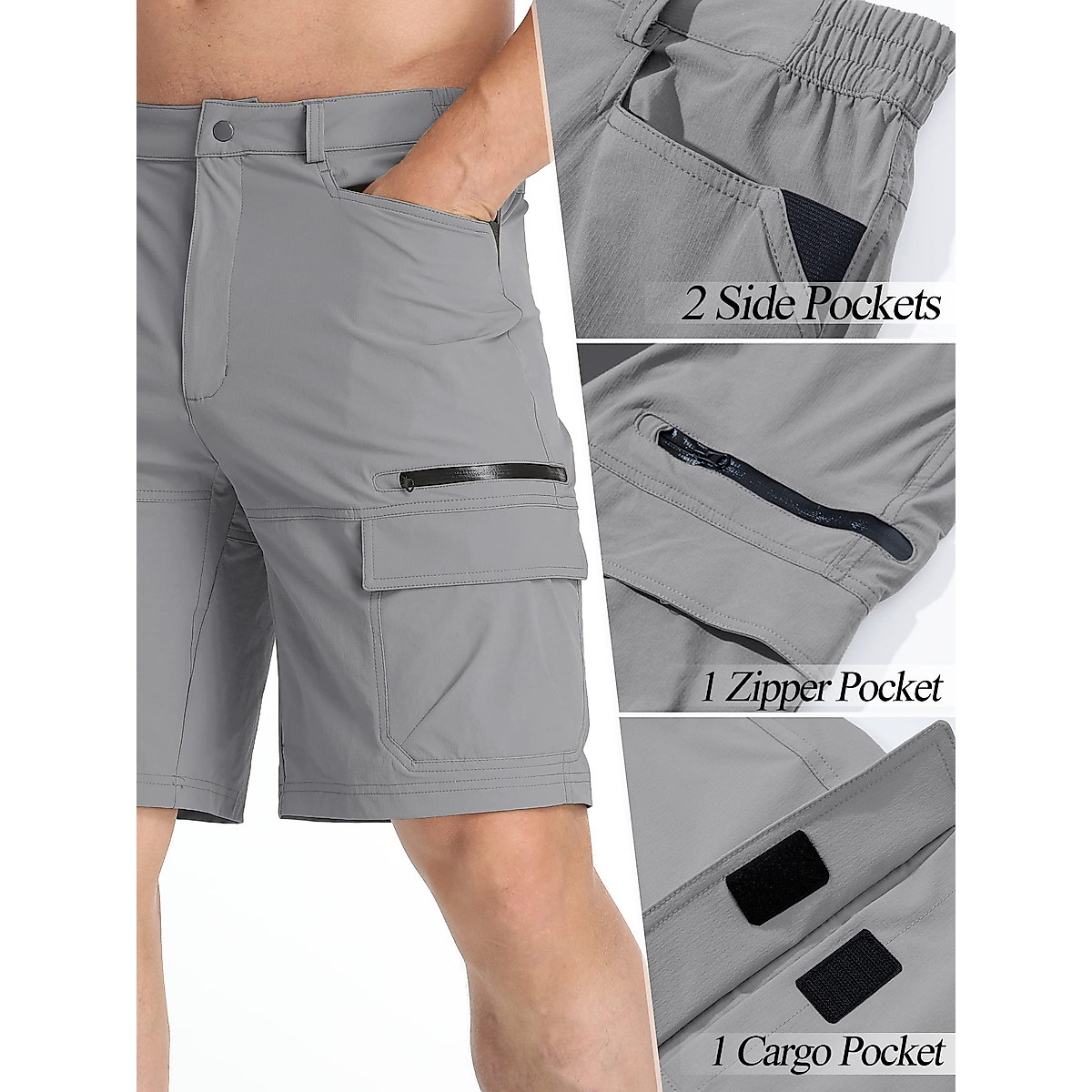 TACVASEN Mens Outdoor Hiking Shorts Summer Lightweight Quick Dry Casual Water Resistant Cargo Fishing Golf Shorts Light Grey, 34