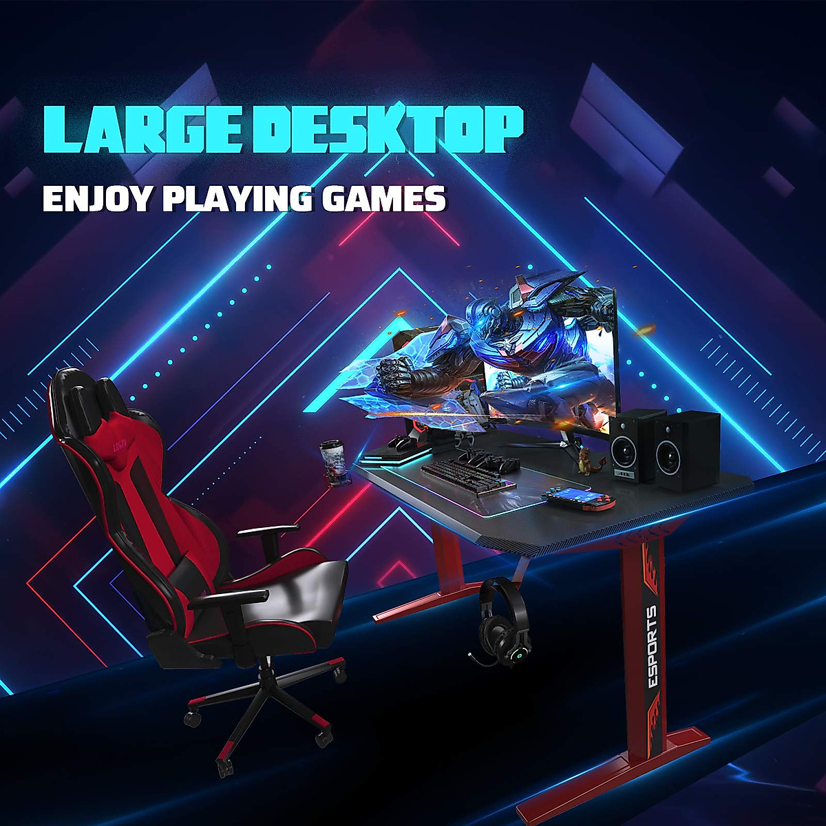 Foxemart Gaming Desk 55 inch PC Gaming Desk, Game Computer Desk Workstation, T-Shaped Professional Gaming Desk, Home Office Computer Table with Cup Holder & Headphone Hook