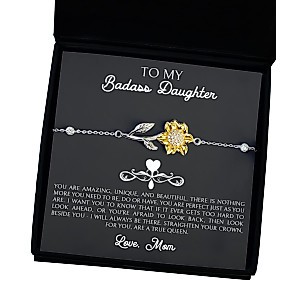 Proud Gifts Badass Daughter Bracelet From Mom, To My Badass Daughter Bracelet, You are Amazing, Birthday Daughter 925 Sterling Silver Bracelet with 14k Gold Sunflower Charm From Mother