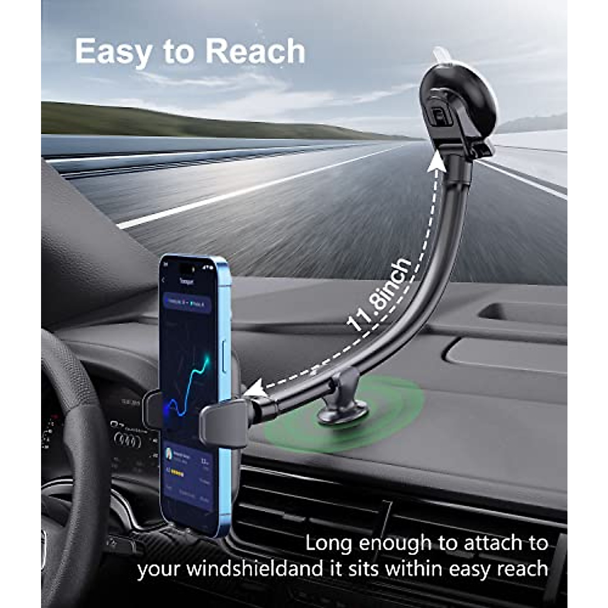 SMORFIT Phone-Mount-for-Car, Long Arm Gooseneck Cell Phone/iPhone Holder Car/Truck for Dashboard/Windshield, Strong Suction Cup Anti-Shake Stabilizer Mobile Stand for Car