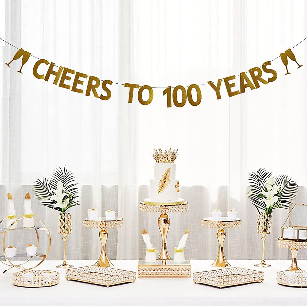 Betteryanzi Gold Cheers to 100 Years Banner,Pre-strung,100th Birthday/Wedding Anniversary Party Decorations Supplies,Gold Glitter Paper Garlands Backdrops,Letters Gold CHEERS TO 100 YEARS