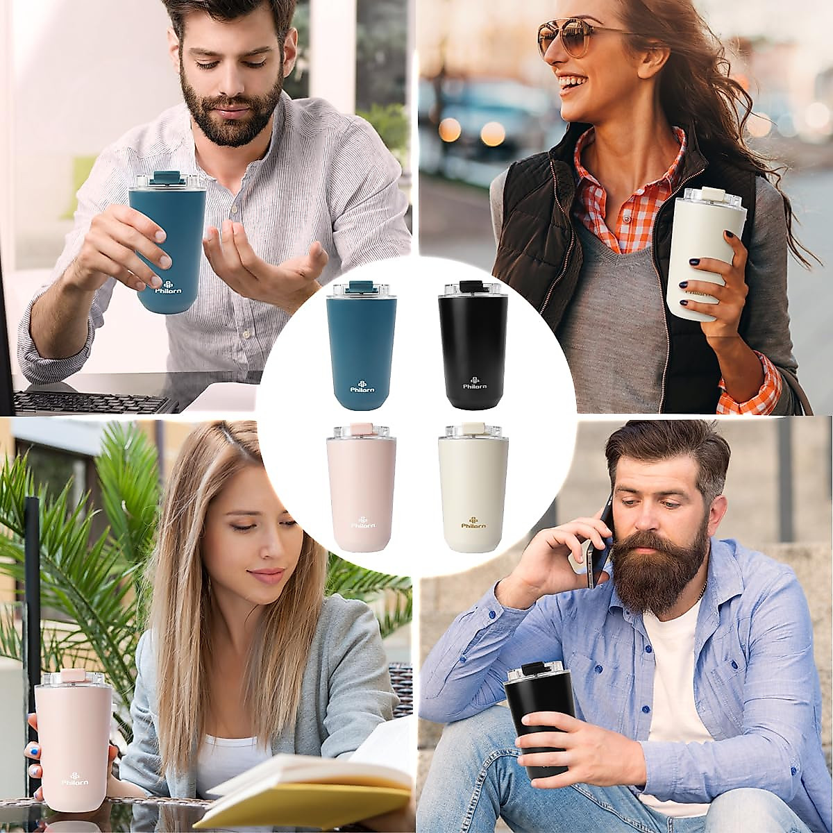 PHILORN Travel Coffee Mug, Coffee Cup-12 OZ Insulated Coffee Mug With Lid, White Stainless Steel Coffee Mug with Double Wall, Thermal Cup for Hot & Cold Drinks…