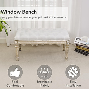 LOULENS French Vintage Bench, Linen Fabric Entryway Bench, Upholstered Tufted End of Bed Bench with Brushed Wood Legs, White