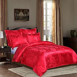 Satin Duvet Cover Queen Size, Floral Jacquard Satin Duvet Cover Set 3 Piece Luxury Silk Like Bedding Comforter Cover Set 90"x90", 2 Piece Pillowcase with Zipper Closure & Corner Ties (04,Queen)