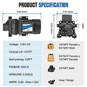 DC HOUSE 42-Series Brushless Motor Water Transfer Pump 110V 5.5GPM 55PSI, RV Water Pump 110 Volt Support Continuous Operation include 3/4" Garden Hose Adapters for Kitchen Bathroom RV Yacht