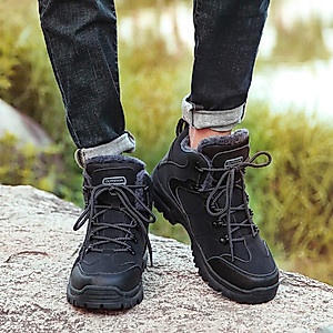 Fheaven Men's Snow Boots Lace Up Combat Booties Water Resistant Anti-Slip Sole Warm Fur Lined Winter Ankle Booties