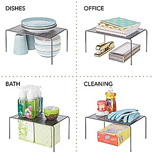 mDesign Small Raised Metal Kitchen Pantry Stacking Plate Organizer Storage Shelves, Cabinet Shelf Rack for Cupboard, or Cabinet - Store Food, Dishes, Bowls, Mugs, Concerto Collection, 2 Pack, Graphite