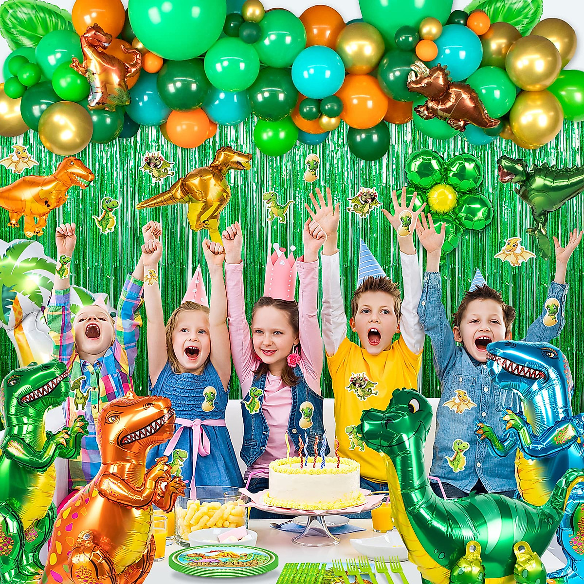 HJINGY Dinosaur Party Decorations, Dinosaur Birthday Party Supplies for kids Include Dinosaur Foil Balloons, HAPPY BIRTHDAY Banner, Cake Toppers, Plates, Napkins, Curtains&Customized Tablecloth
