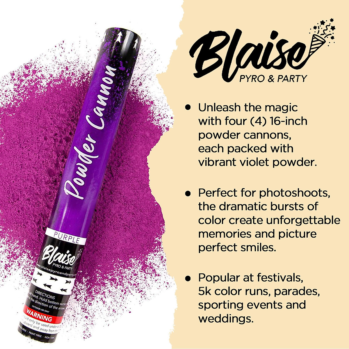 Blaise Pyro & Party Powder Poppers - Colorful Cannons for Birthdays, Weddings, Anniversaries, & More – Designed to Break Down Naturally, Easy to Use for Photoshoot & Celebrations - 16", 4 Pack, Purple