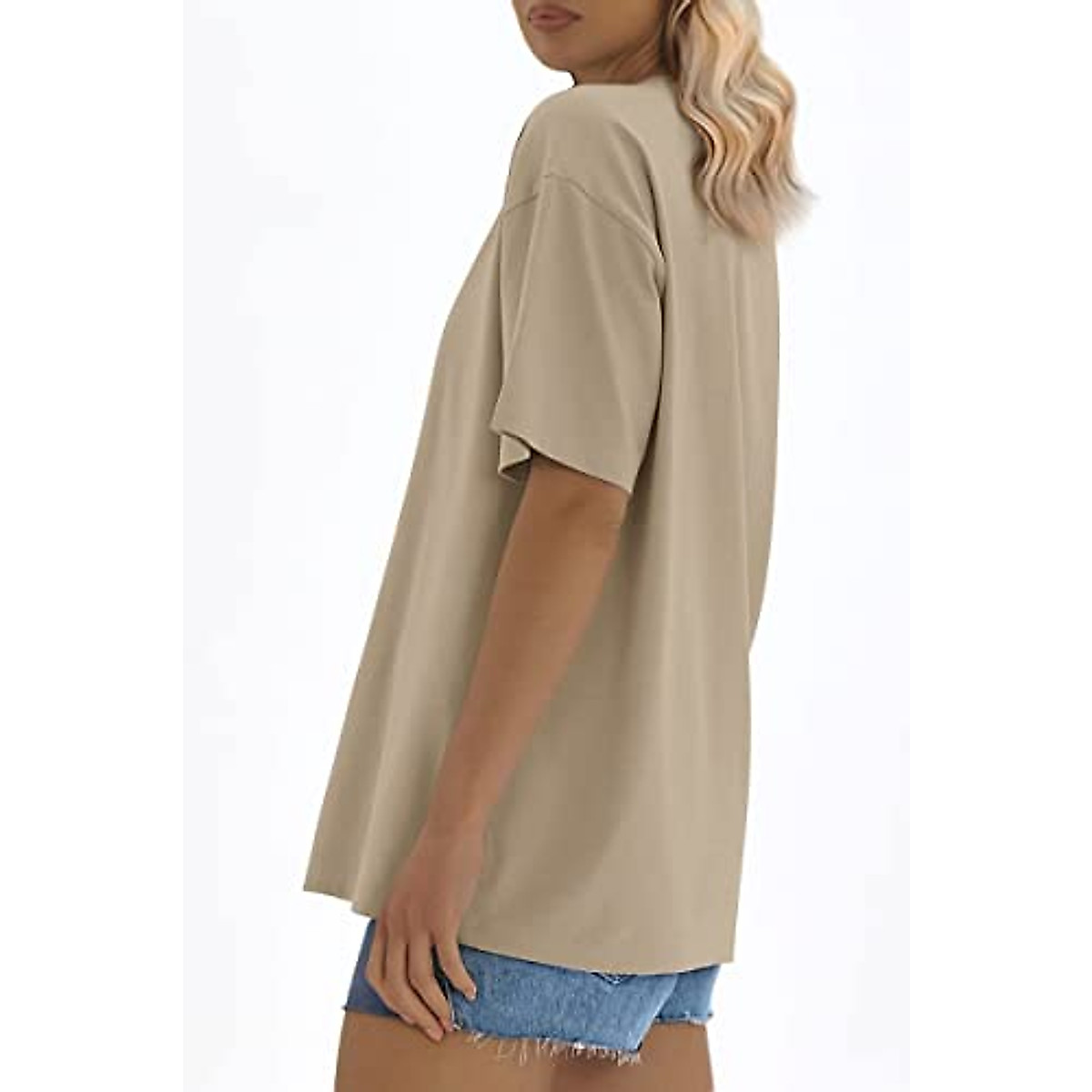 ATHMILE Womens Oversized T Shirts Loose Fit Crewneck Short Sleeve Tops Summer Casual Blouse 2023 Y2K Basic Tee Khaki
