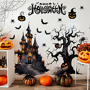 Large Halloween Wall Stickers Halloween Spooky Tree Wall Decal Peel and Stick Halloween Castle Bats Pumpkin Spider Web Wall Sticker for Window Bedroom Living Room Halloween Party Supplies Decorations