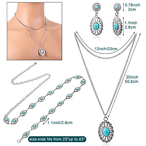 Haysandy 4 Pcs Bohemian Turquoise Jewelry Set, Turquoise Necklace, Vintage Turquoise Dangle Earrings and Bracelet, Western Adjustable Belt Boho for Women