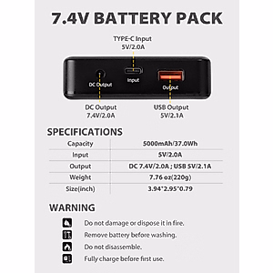 PTAHDUS 7.4 V Battery Pack with Charger Rechargeable Battery Power Bank 5000mAh for Heated Jackets, Heated Hoodies and Heated Vests